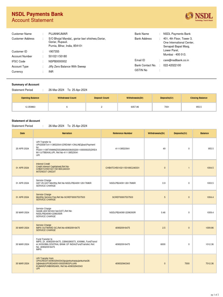 NSDL Payments Bank Account Statement | PDF | Fee | Banks