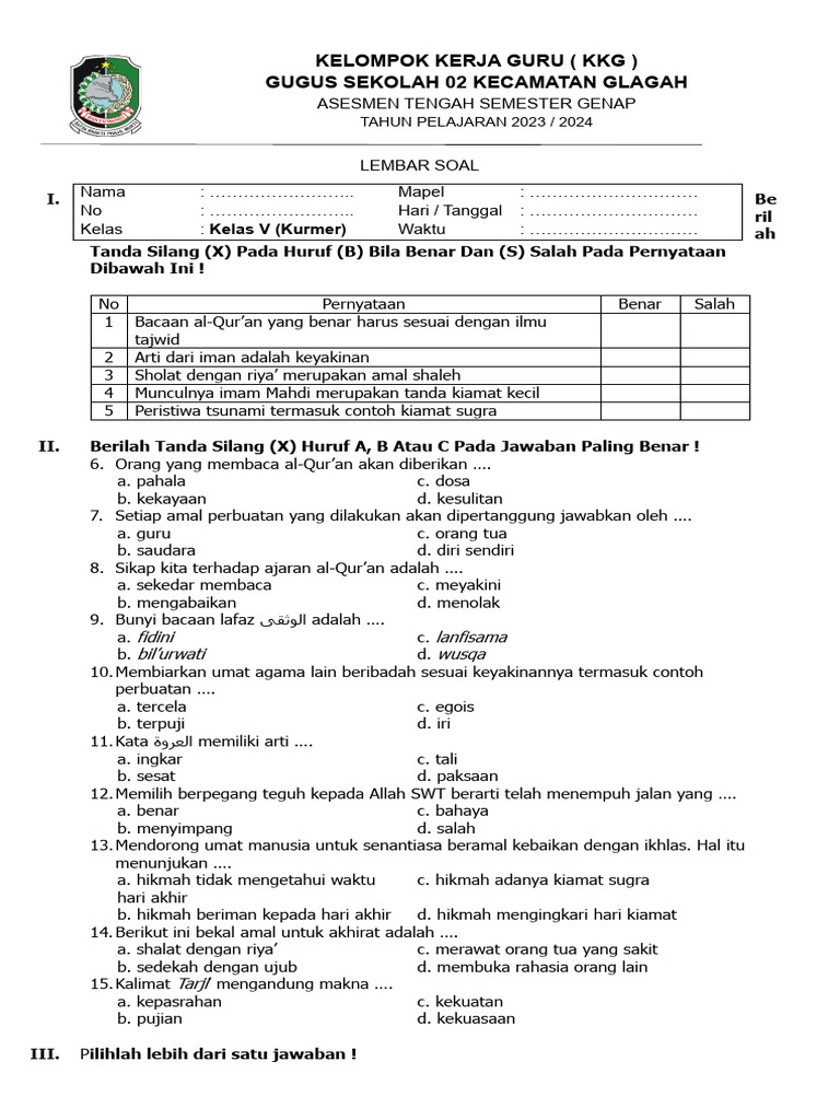 Soal ATS SM2 KLS 5 (Kurmer) Revisi | PDF | Agama & Spiritualitas