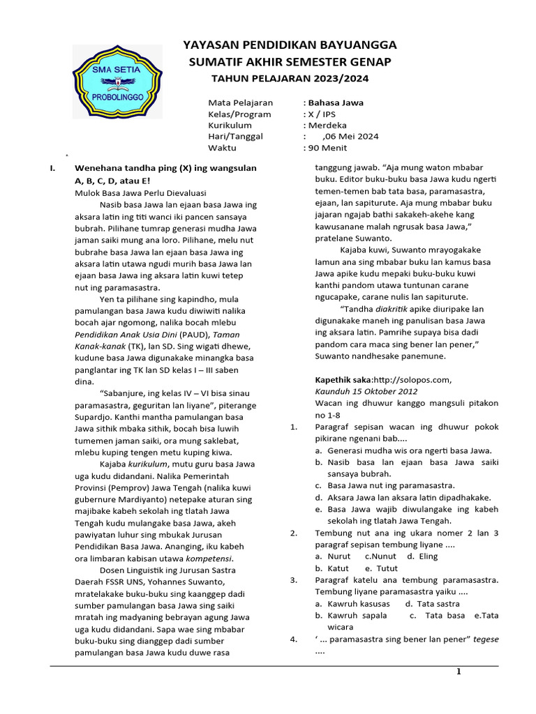 SOAL B. JAWA X SAS Genap 2023-2024 | PDF
