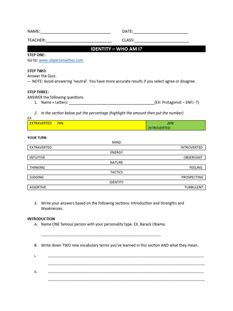 Handout - Personality Assignment | PDF | Extraversion And Introversion | Cognition