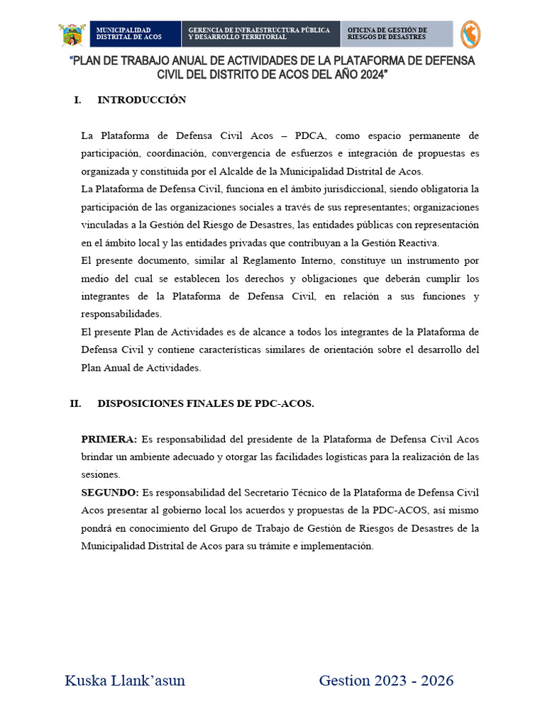Plan Anual 2024 Defensa Civil Acos | PDF | Defensa Civil | Gobierno local
