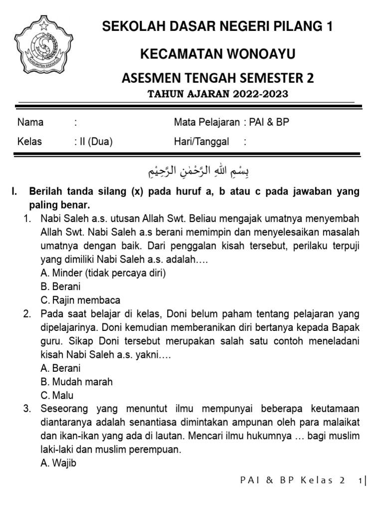 PTS 2 Pai Kelas 2 SD | PDF | Agama & Spiritualitas
