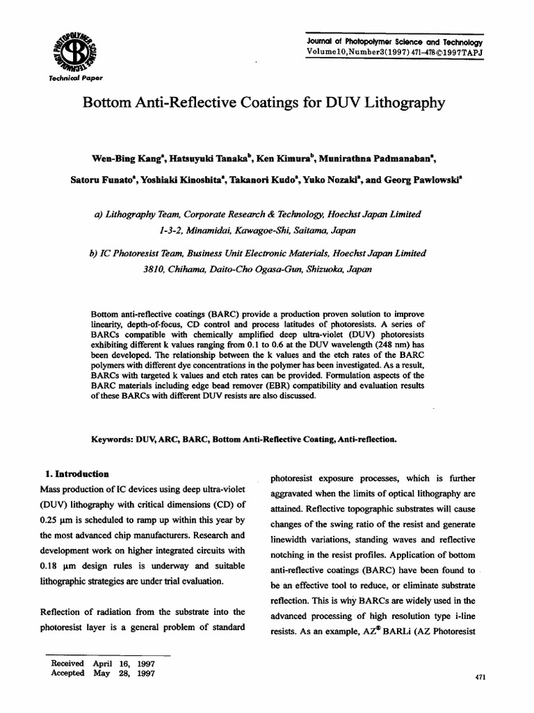 Bottom Anti-Reflective Coatings For DUV Lithography | PDF ...