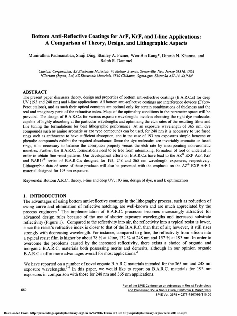 Bottom Anti-Reflective Coatings For ArF, KRF, and I-Line Applications ...