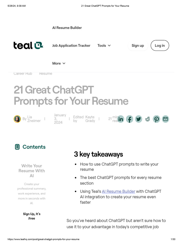 "21 ChatGPT Prompts for Resumes" | PDF | Résumé | Artificial Intelligence