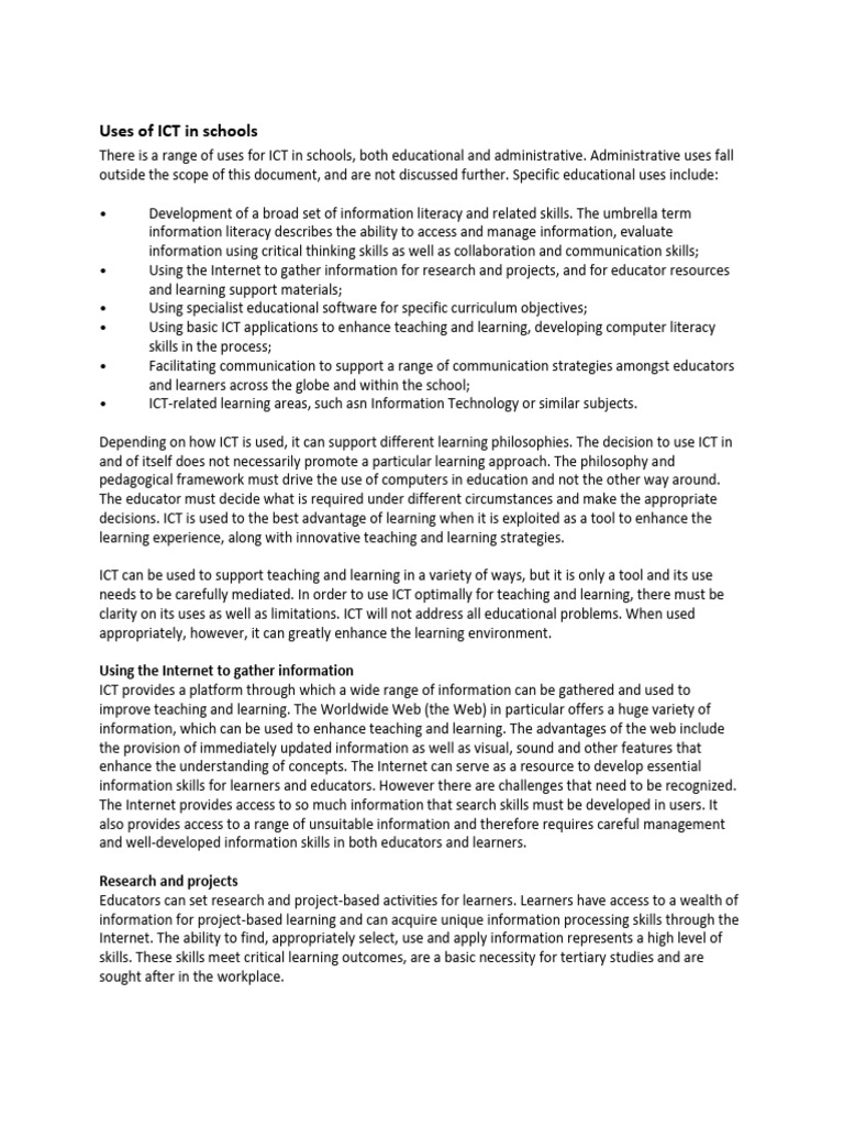 Uses Of Ict In Schools Pdf Educational Technology Learning