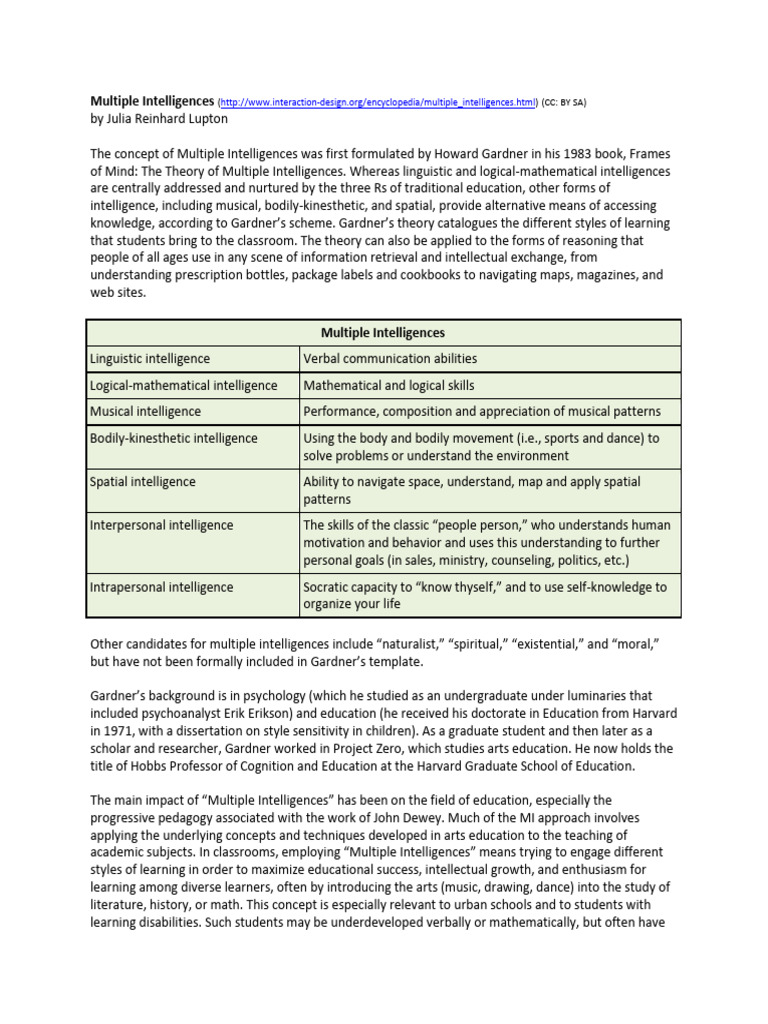 Multiple Intelligences - Howard Gardner | PDF | Intelligence | Learning