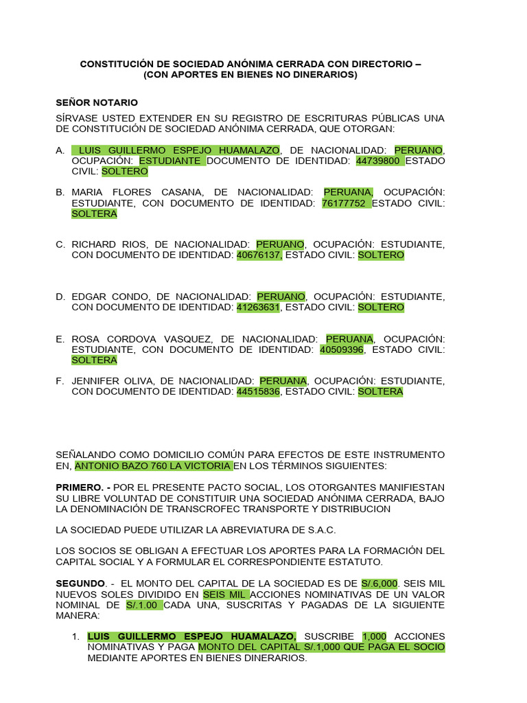 Formato de Minuta SAC Con Directorio Aporte Bienes (1) Nuevo | PDF | Negocios | Finanzas y dinero