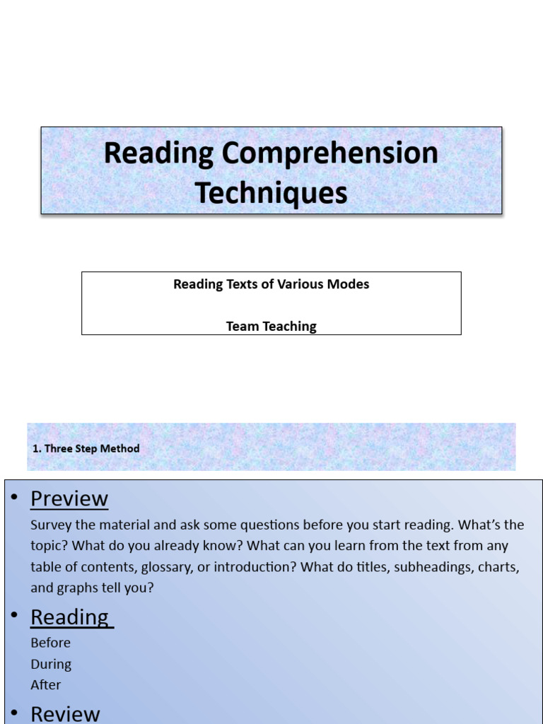 Reading Comprehension Techniques | Download Free PDF | Speed Reading | Reading Comprehension