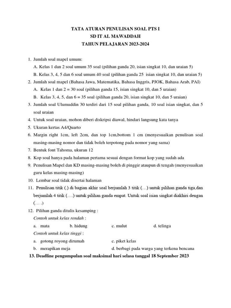 Panduan Penulisan Soal PTS SD | PDF | Metode & Bahan Ajar