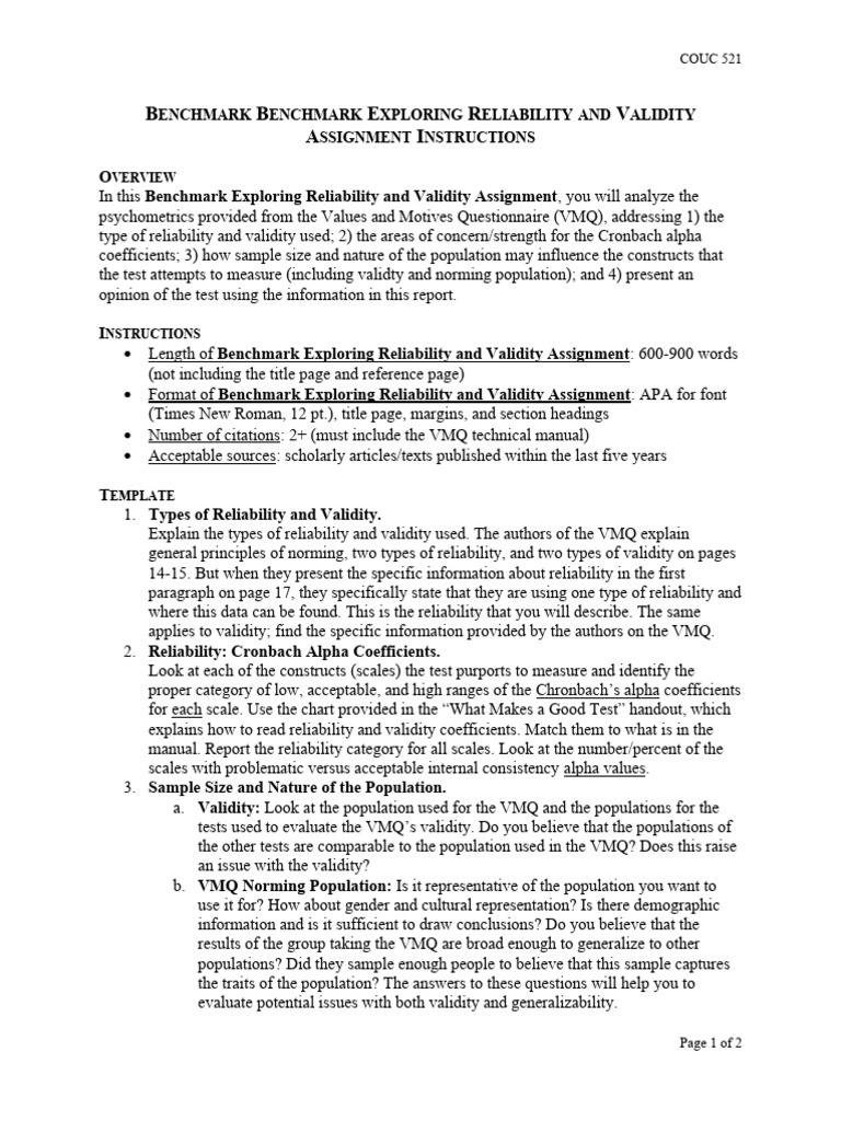 Benchmark Exploring Reliability and Validity Assignment Instructions ... Benchmark Exploring Reliability and Validity Assignment Instructions ...