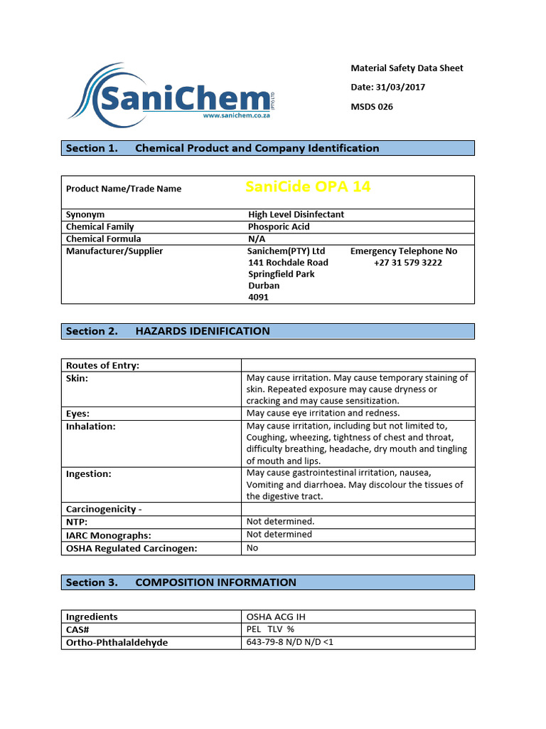 OPA 14 MSDS | PDF | Dangerous Goods | Occupational Safety And Health