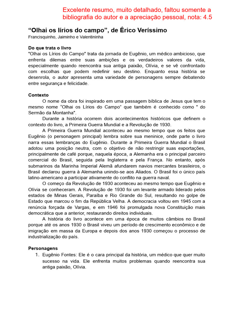 "Olhai Os Lírios Do Campo", de Érico Veríssimo | PDF | Brasil | Primeira Guerra Mundial