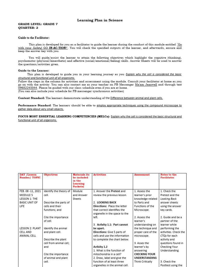 2QLearning Plan in Science Week 6 | PDF | Learning | Cell (Biology)