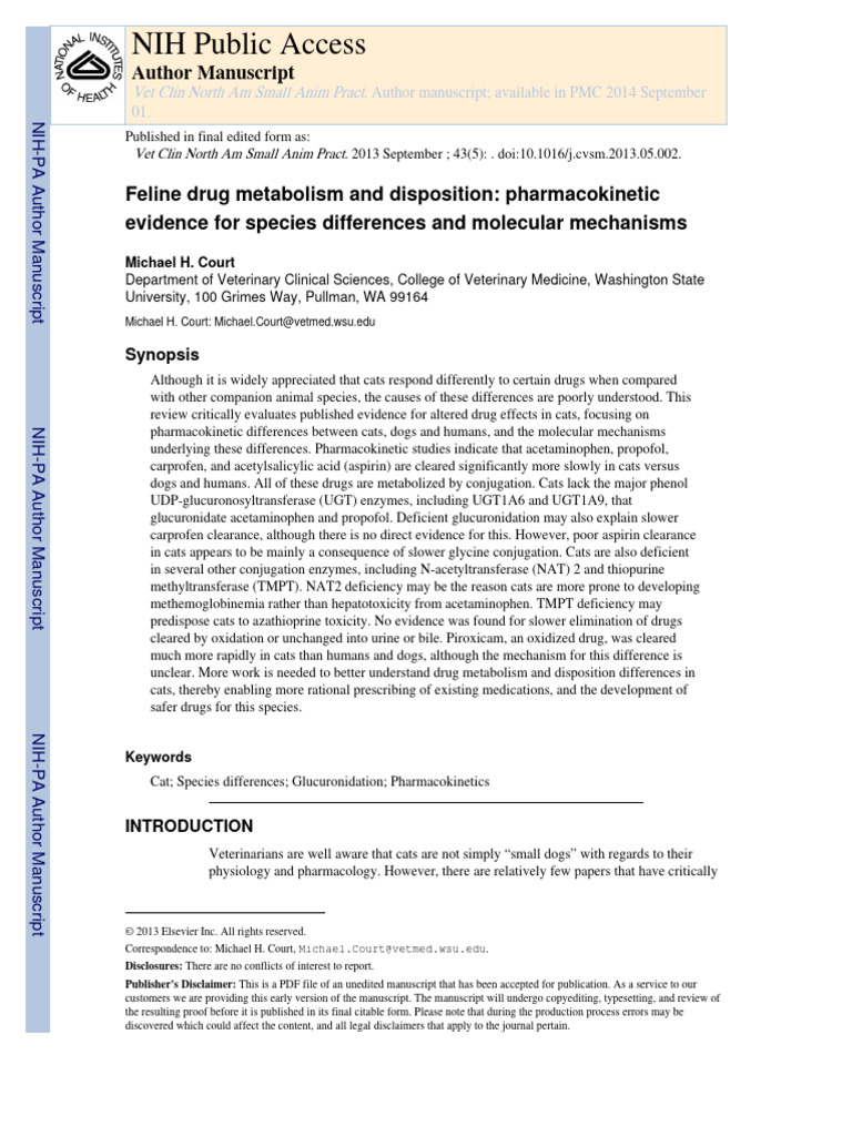 Feline Drug Metabolism and Disposition | PDF | Felidae | Aspirin