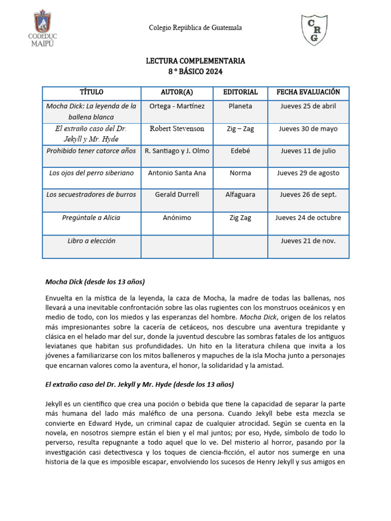 Lectura Complementaria 8° BÁSICO 2024 | PDF