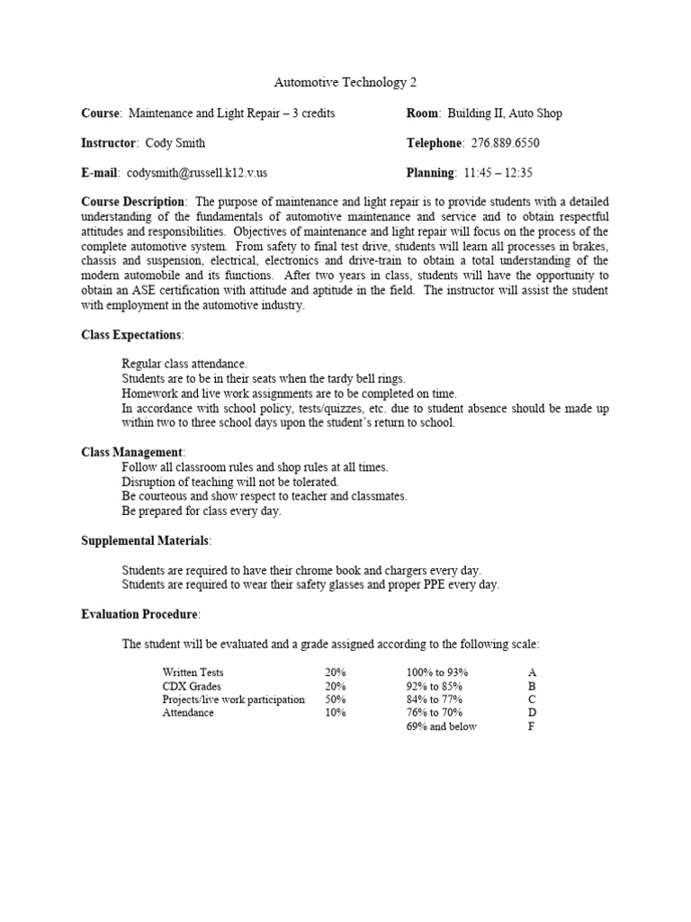 Automotive Technology 2 Syllabus | PDF