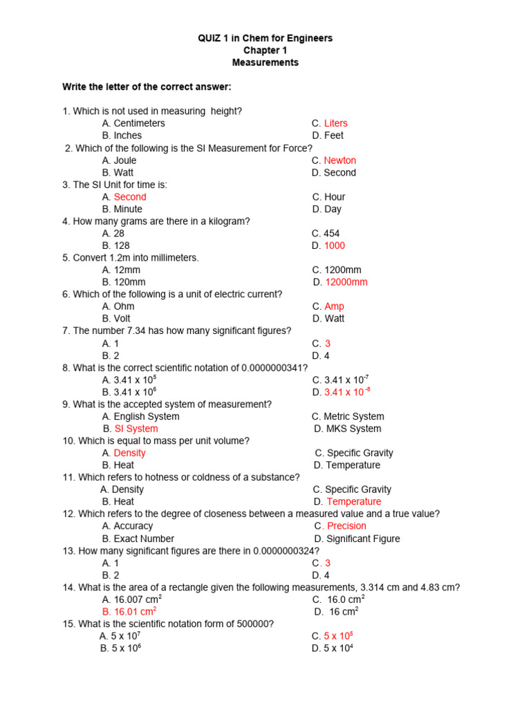 QUIZ 1 in Chem For Engineers | PDF | International System Of Units ...