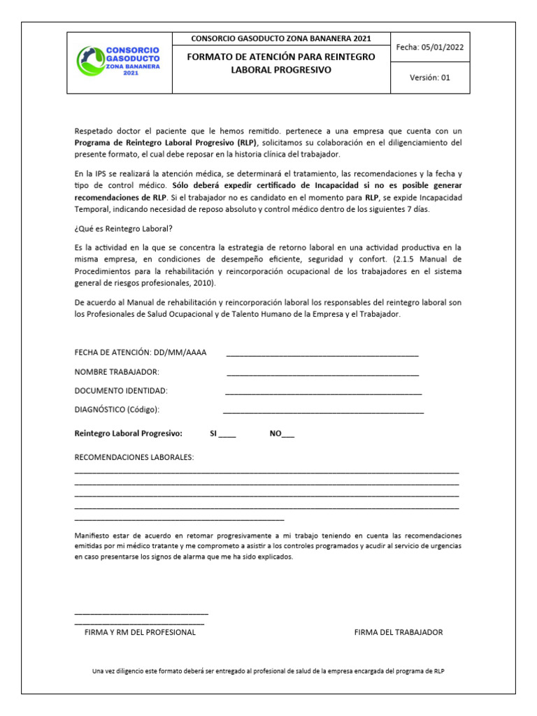 FORMATO DE ATENCIÓN PARA REINTEGRO LABORAL PROGRESIVO | PDF | Programas sociales | Ciencias de ...