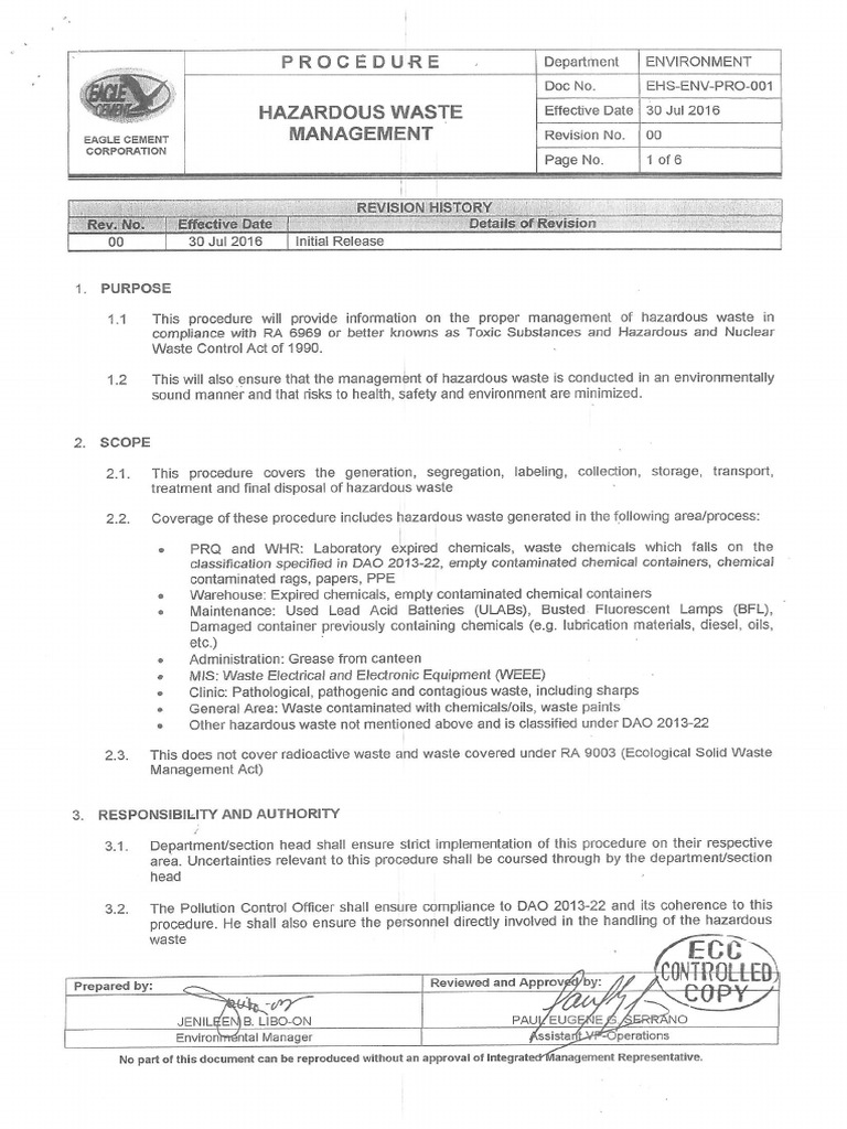 Hazardous Waste Management Policy | PDF
