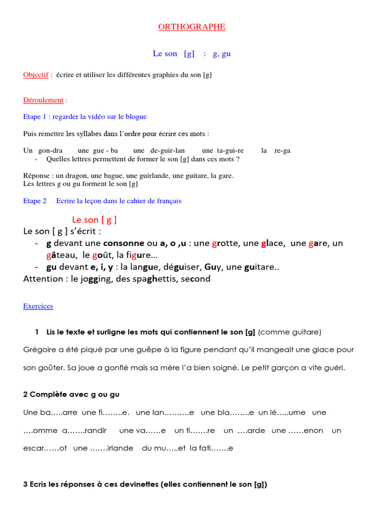 Exercices sur le son [g] et [gu] | PDF | Linguistique | Écriture