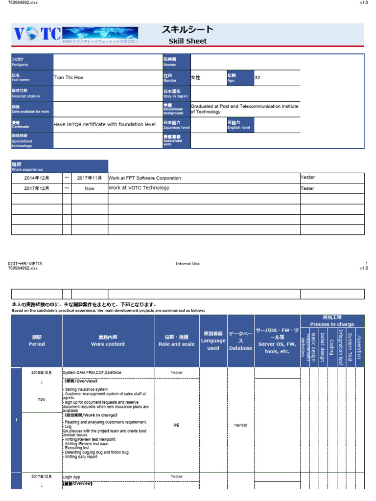 VOTC Skillsheet Tran Thi Hoa Tester | Download Free PDF | Systems ...