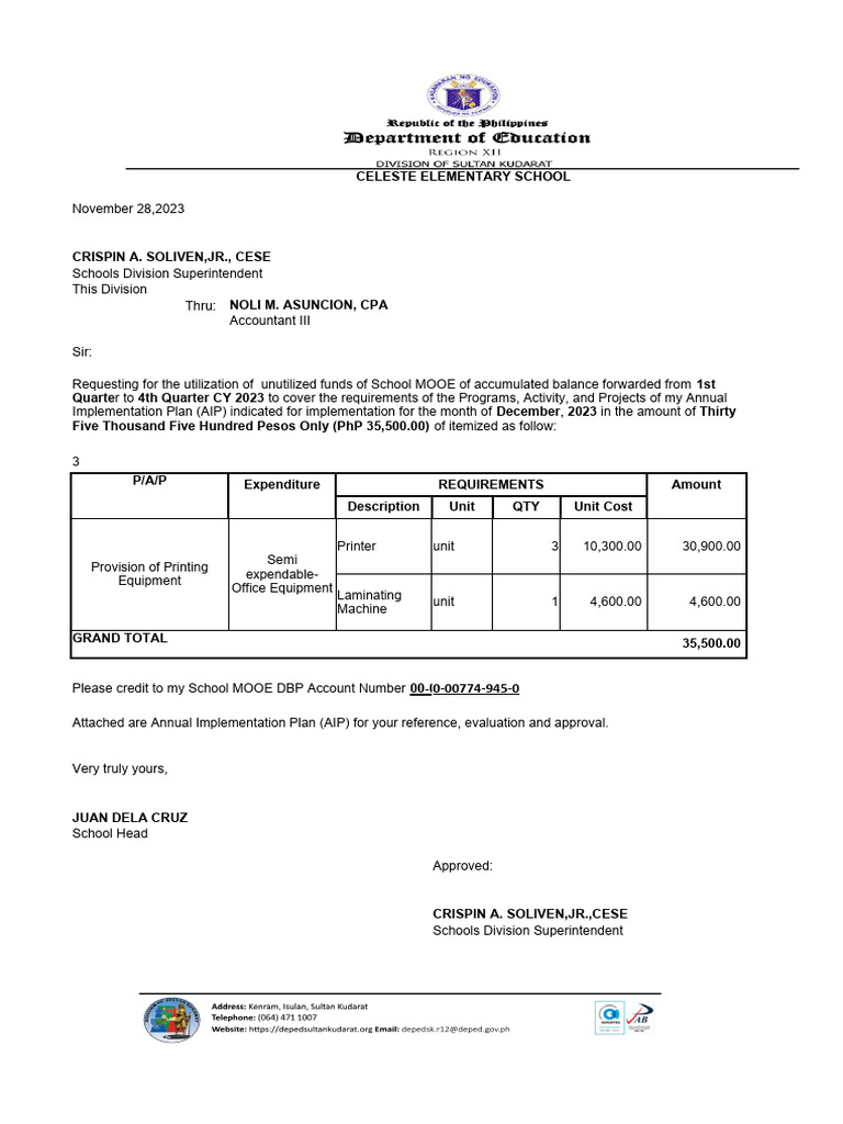 Letter-request-To Use Unused Funds | PDF
