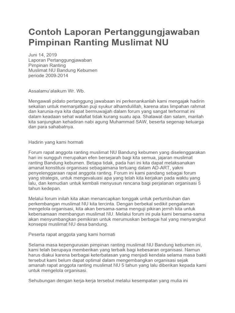 Contoh Laporan Pertanggungjawaban Pimpinan Ranting Muslimat NU | PDF | Karier & Perkembangan