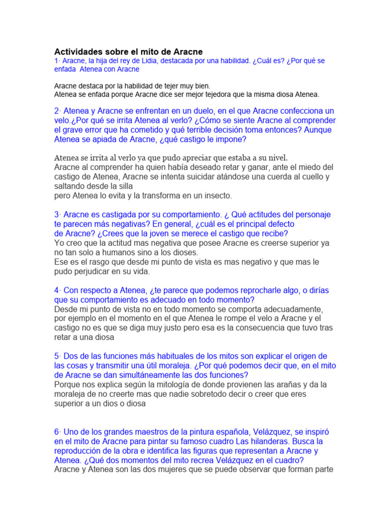 Actividades Sobre El Mito de Aracne | PDF | Atenea