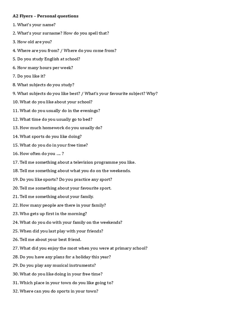 A2 Flyers Personal Questions Guide | PDF
