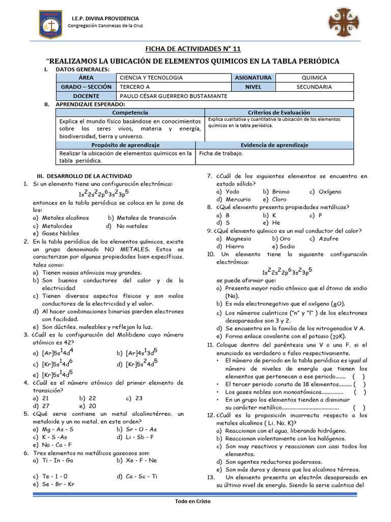 Sesion 11 Quimica 3a | PDF | Tabla periódica | Configuración electronica
