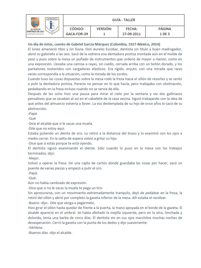 Cuento Un Día de Estos-Gabriel G. Proyecto Lector | PDF | Hogar ...