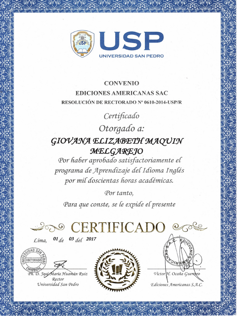 Certificado Ingles USP- Anverso | PDF