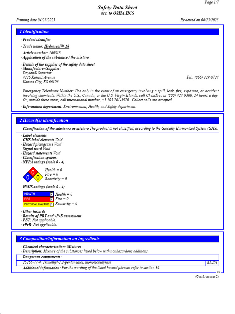 Hydroseal-18-Unitex-SDS | Download Free PDF | Occupational Safety And Health | Safety