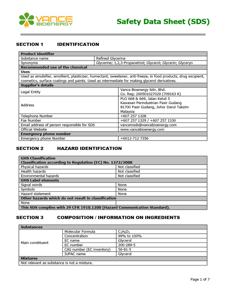 Glycerine Safety Data Sheet (SDS) | PDF | Firefighting | Toxicity