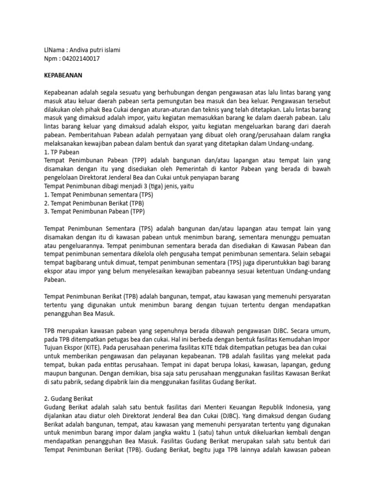 Andiva Putri Islami - Resuma Kepabeanan | PDF