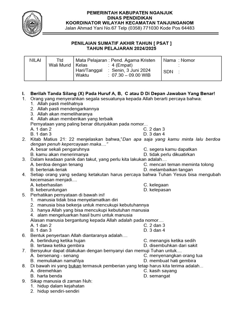PSAT KELAS 4 THN 2024 | PDF