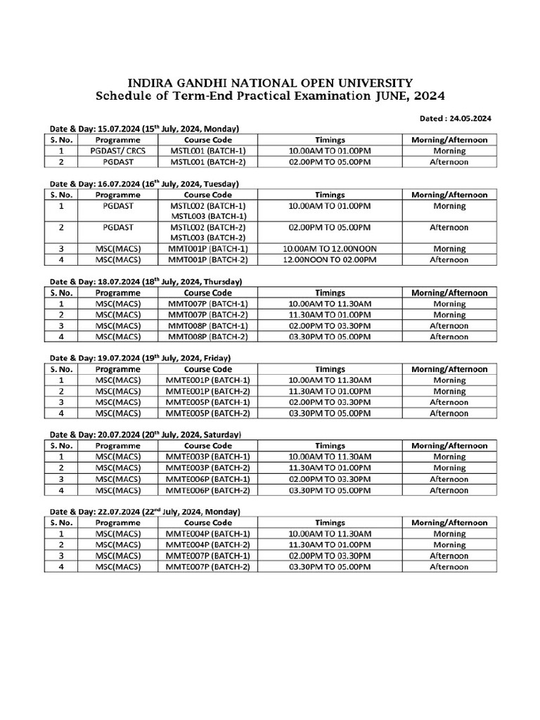 IGNOU Practical Date Sheet June 2024 | PDF