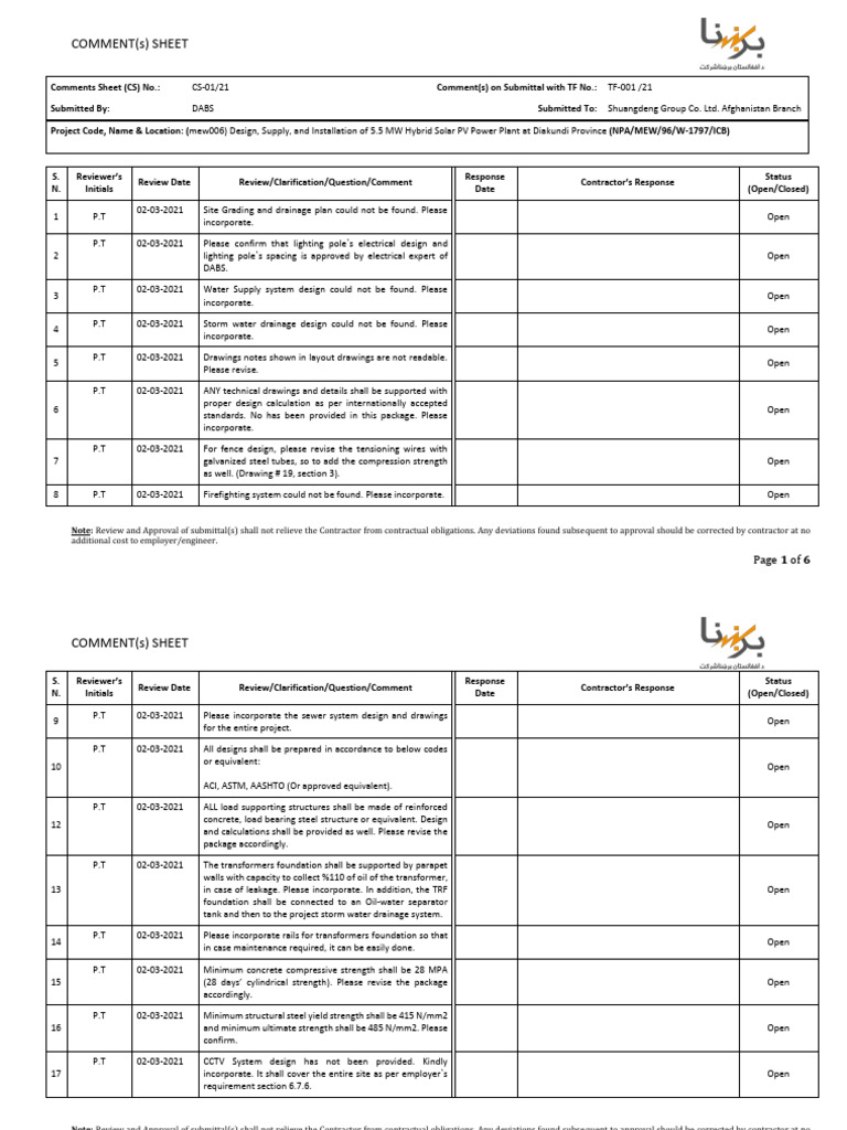 Comment Sheet For TF-001 21, Diakunidi Project Revised Version of ...