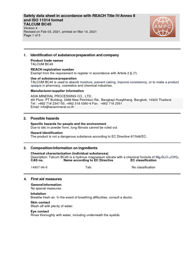 MSDS - Talc BC45 Thái | PDF | Dangerous Goods | Waste Management