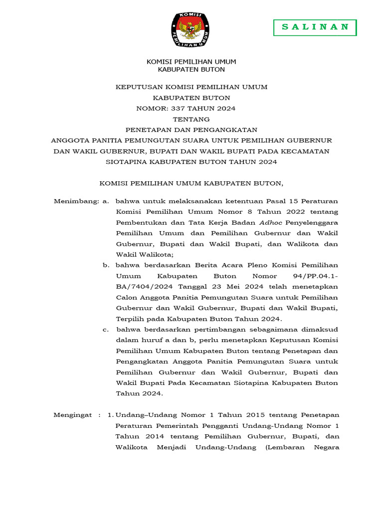 SK PENETAPAN PPS PEMILUKADA 2024 BUTON - SIOTAPINA_compressed | PDF