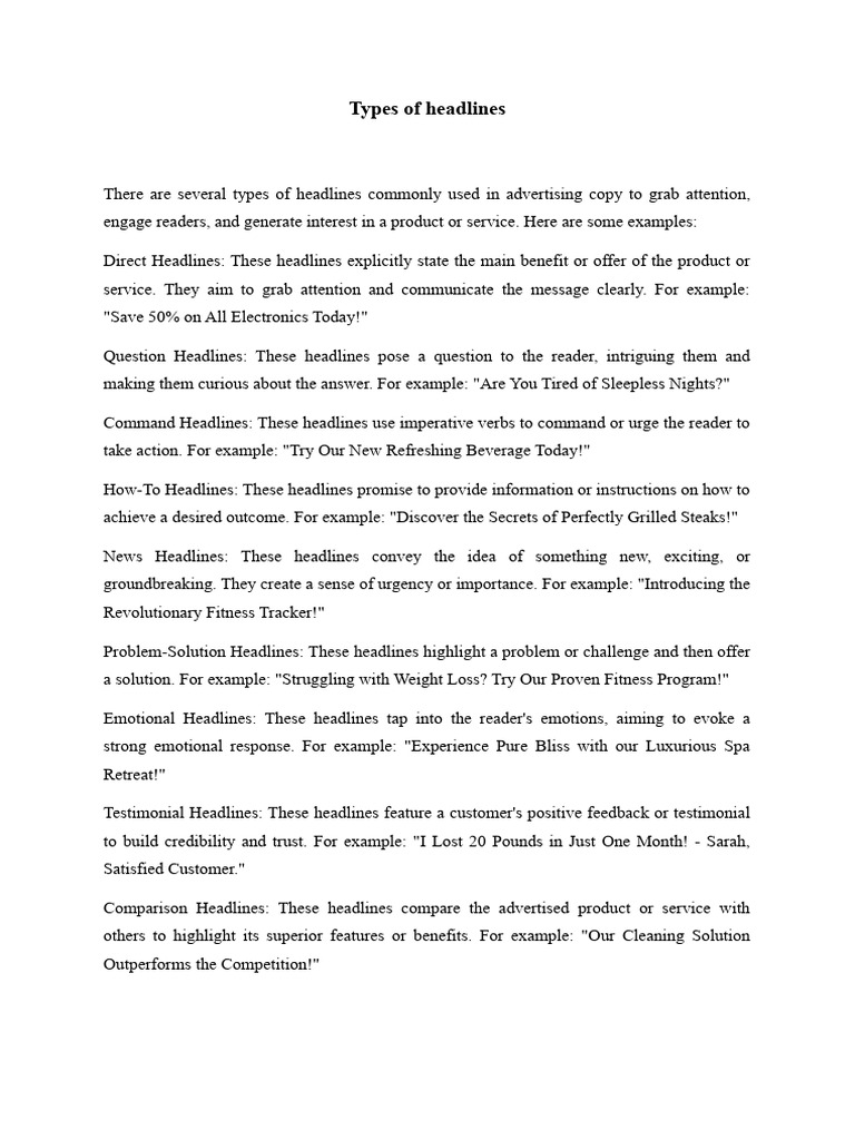 Types of Headlines | PDF | Curiosity | Target Audience
