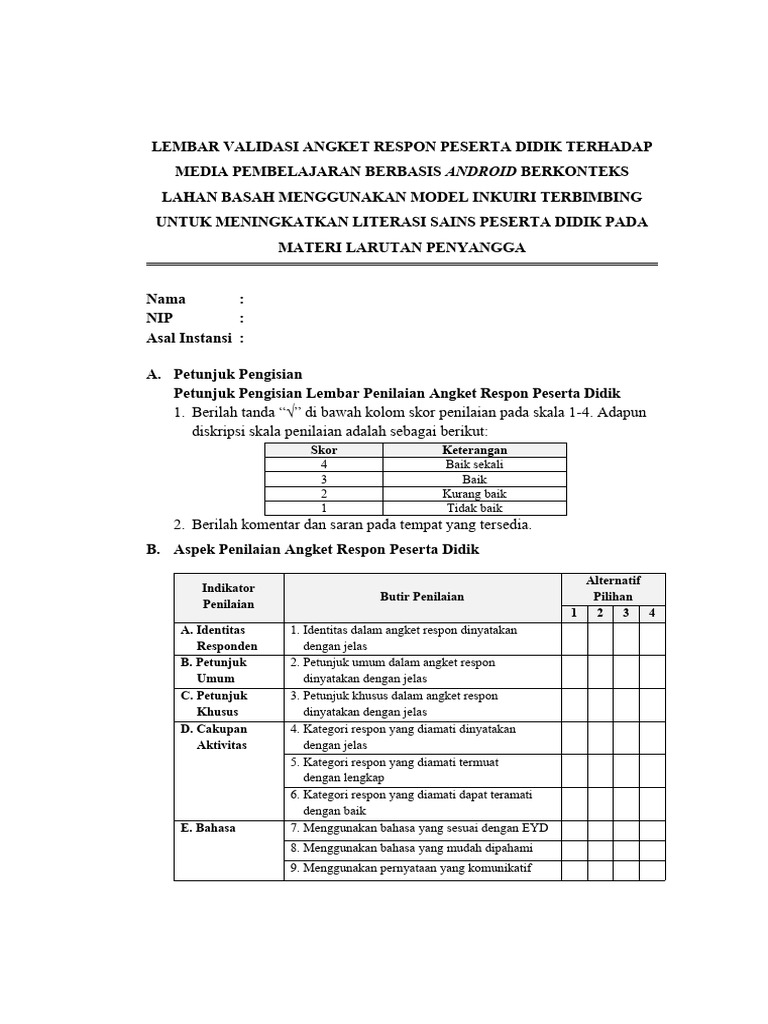 Validasi Angket Respon Peserta Didik | PDF | Karier & Perkembangan