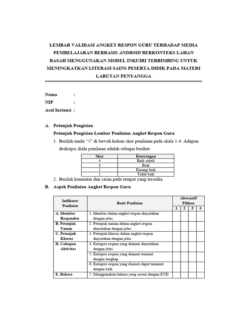 6.1 Lembar Validasi Angket Respon Guru | PDF