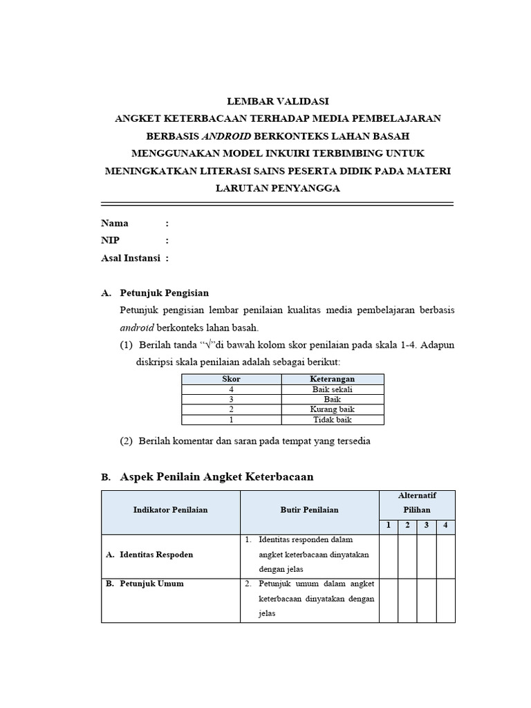 4.1 Lembar Validasi Angket Keterbacaan Media | PDF