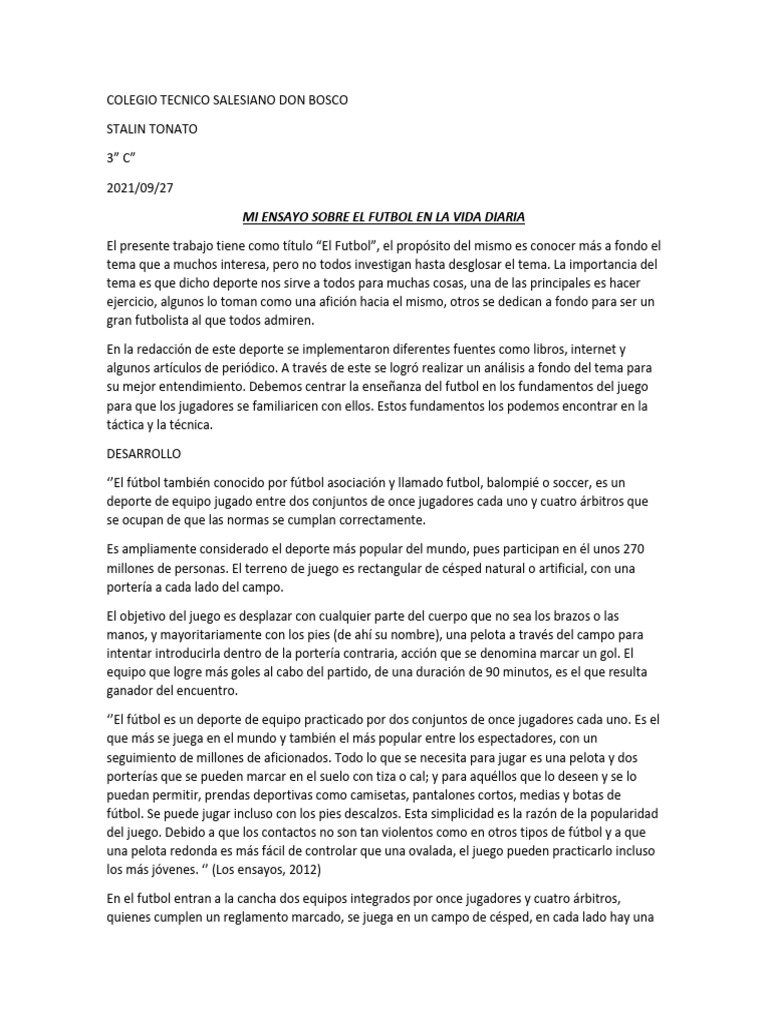 Ensayo Sobre El Futbol | PDF | Asociación de Futbol | Deportes