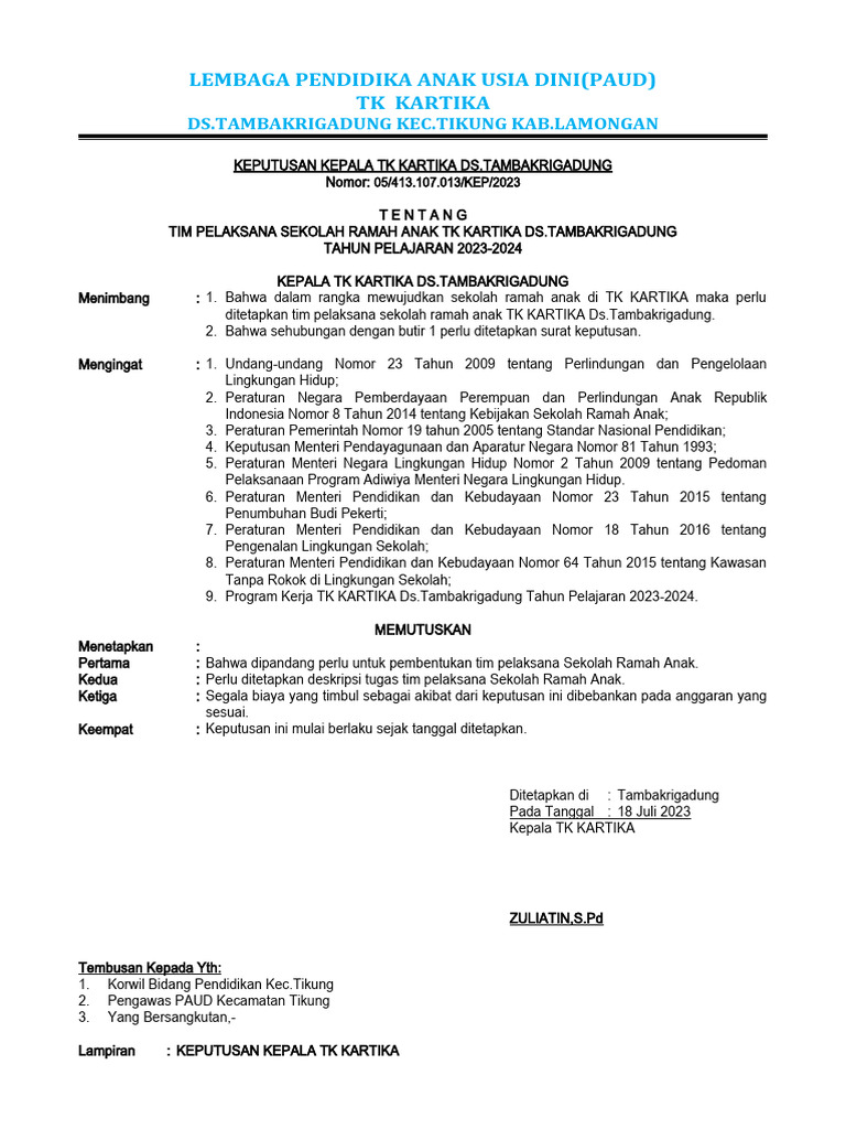 Tim Sekolah Ramah Anak TK Kartika | PDF