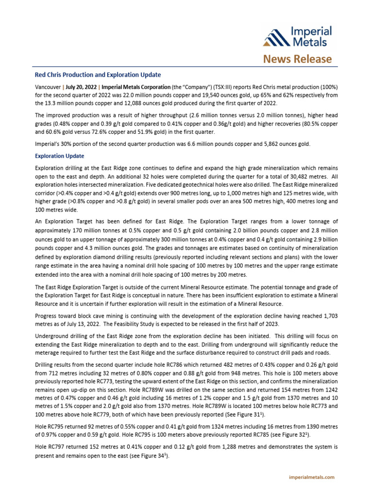 22.07.20-Red-Chris-Production-and-Exploration-Update | PDF | Gold