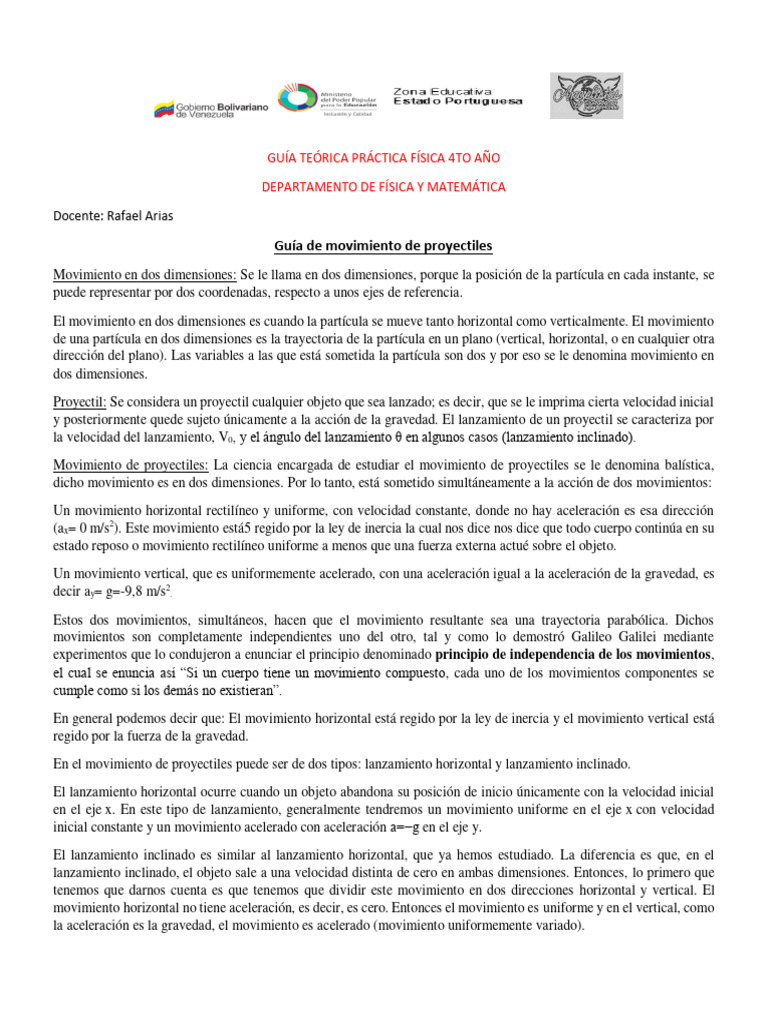 Guía de Movimiento de Proyectiles: Guía Teórica Práctica Física 4to Año Departamento de Física Y ...