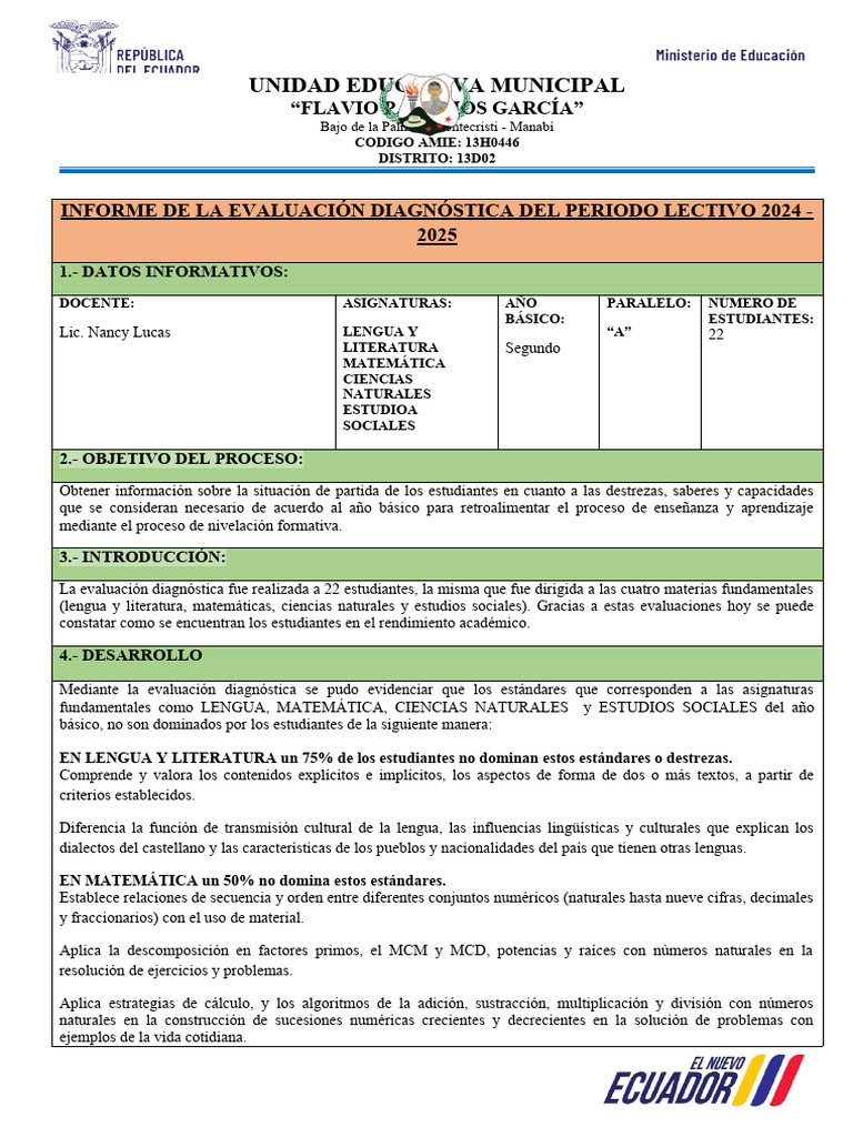 011 Y 012 FORMATO DE INFORME DE LA EVALUACION DIAGNOSTICA 2024-2025 (2) | PDF | Evaluación ...